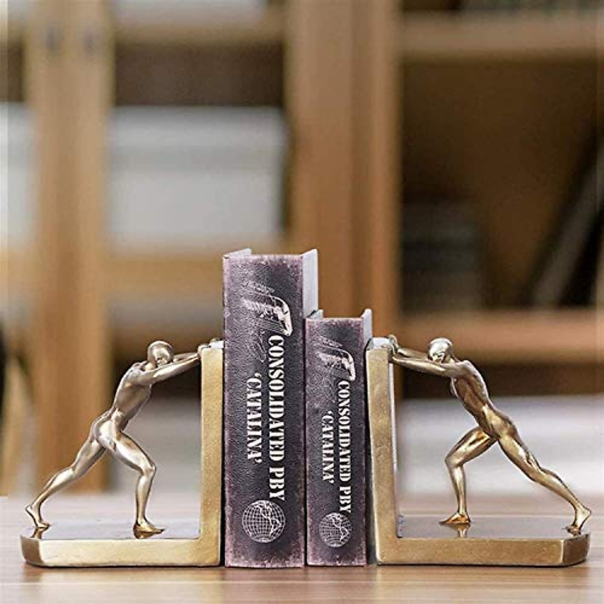 QLAZO Bookend Supports HeavyDuty ， Small Humanoid Bookend Set of Two, Bronze Finish Book Organizer Children Adults Desk Office Home Decoration