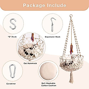 MEWOOFUN Hanging Macrame Cat Hammock Bed, Cat Swing Bed Space Saving Window Perch with Washed Cotton Mat & Funny Cat Toy for Indoor Cats