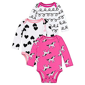 Lamaze Baby Girls' Super Combed Natural Cotton Long Sleeve Bodysuit, Snap Closure, 3 Pack, Horses and Hearts, Newborn