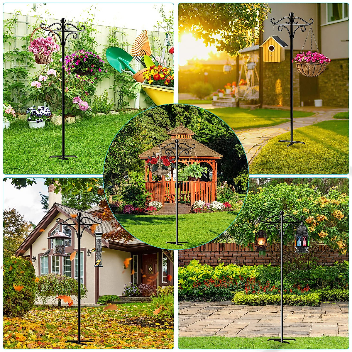 Keten Shepherds Hooks for Outdoor, 75” Double Bird Feeder Poles with 5 Prongs, Adjustable Outdoor Plant Hanger Hooks for Bird Feeder, Plant Baskets, Lanterns, Wedding Decor(2 Pack)