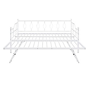 Full Size Daybed with Trundle Heavy-Duty Metal Day Bed Frame with Twin Size Adjustable Trundle Beds for Living Room Bedroom, White(Circle Pattern)