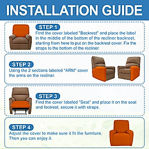 ALIECOM 4 Piece 100% Waterproof Recliner Cover for Large Recliner Stretch Recliner Chair Covers for Reclining Chair with Arms Recliner Slipcovers Non Slip Furniture Protector (Orange, 1 Seat)