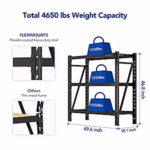 FLEXIMOUNTS Garage Shelving, 3-Tier Adjustable Shelf, 4650 lbs Weight Capacity Storage Rack, 2 x 4 ft, Heavy Duty Industrial Metal Shelving