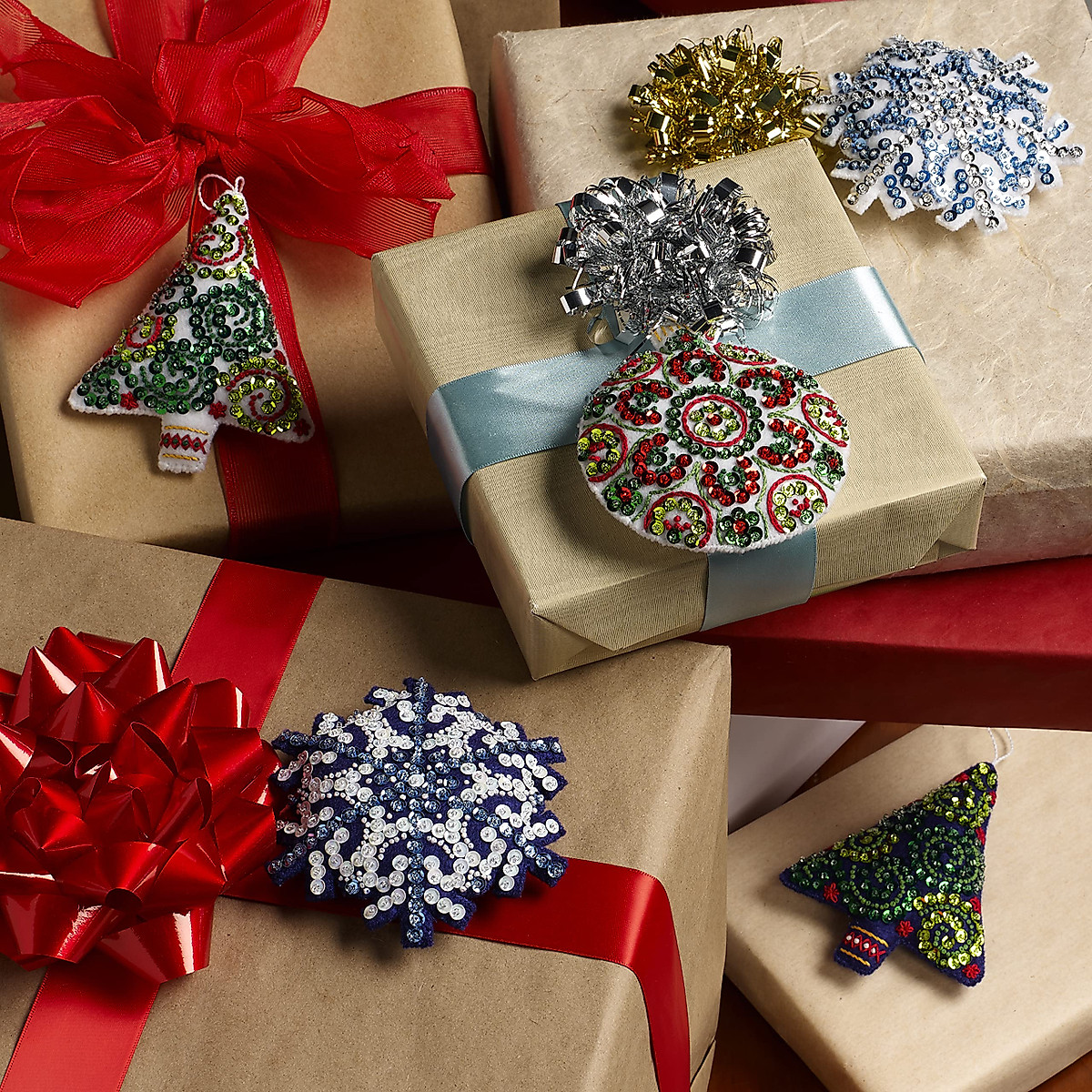 Bucilla Felt Applique 6 Piece Ornament Making Kit, Mandala Christmas, Perfect for DIY Arts and Crafts, 89499E