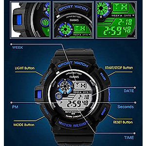 FANMIS Mens Military Multi Function Tactics Digital LED Sports Watch Large Face Electronic Waterproof Alarm Quartz Outdoor Waterproof Watch (Blue)