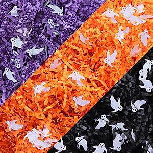 Jocomoni 12.3oz Halloween Crinkle Cut Paper Sherd Filler Black Orange Purple Crinkle Cut Paper with Ghost Confetti for Halloween Party Supply
