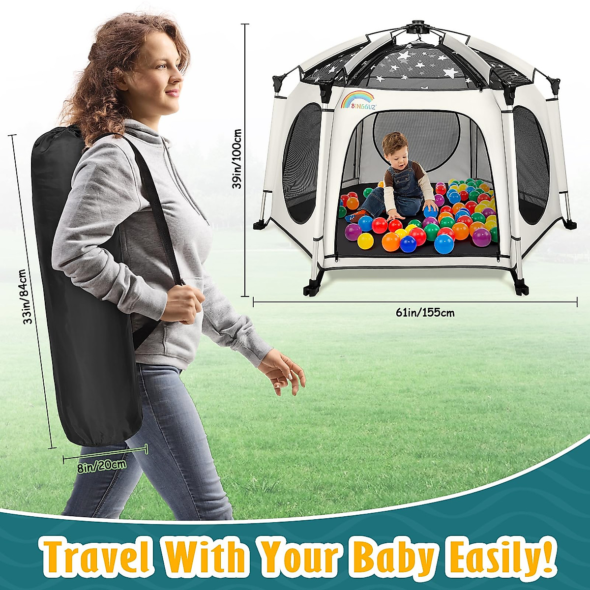 Baby Playpen for Babies and Toddlers, Indoor & Outdoor Portable Play Yard for Baby, Foldable Baby Beach Tent with Canopy and Travel Bag - Beige