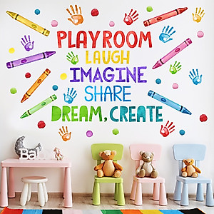 Mfault Playroom Wall Decals Stickers, Crayon Handprint Polka Dots Inspirational Quote Nursery Decorations Daycare Art, Laugh Imagine Share Dream Create Toddler Kids Room Bedroom School Classroom Decor