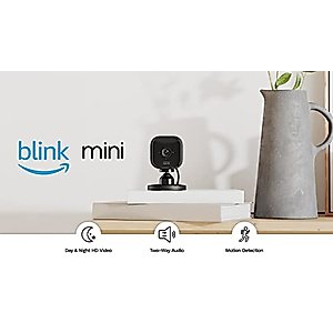 Blink Mini – Compact indoor plug-in smart security camera, 1080p HD video, night vision, motion detection, two-way audio, easy set up, Works with Alexa – 1 camera (Black)