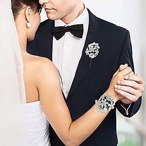 WANLIAN Wrist Corsage with Peal and Rhinestone Corsage and Boutonniere Set for Wedding,Prom,Party (Silver Navy Blue，2 Pieces)
