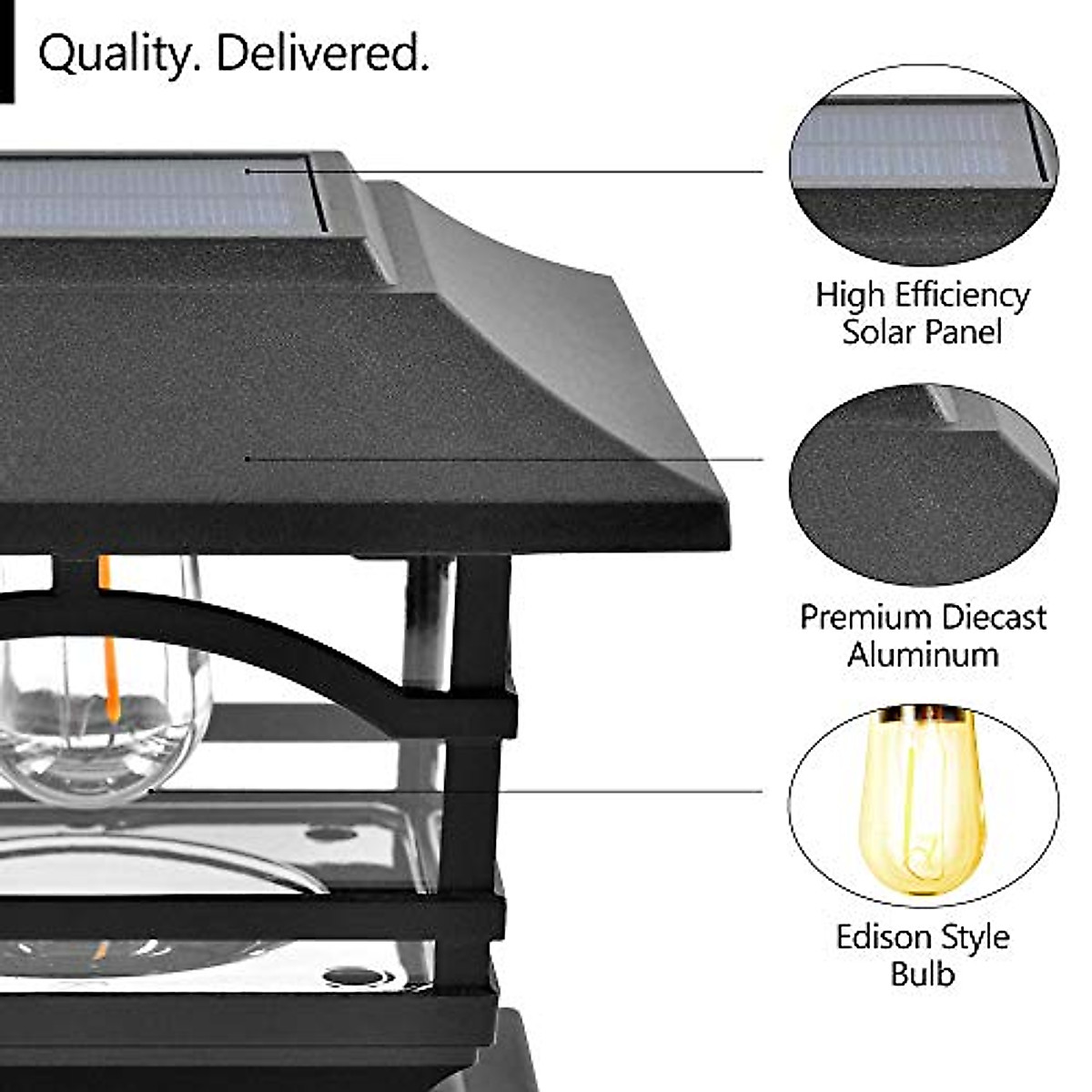 Davinci Lighting Edison Solar Outdoor Post Cap Lights - 4x4 5x5 6x6 - Bright LED Light for Fence Deck Garden or Patio Posts - Slate Black (2 Pack)