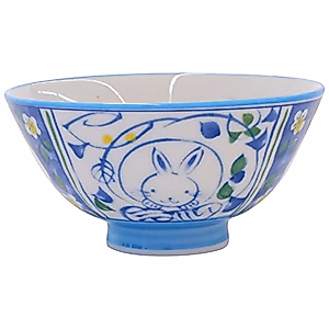 Mino Ware Rice Bowl Set, 4.4 inch, Red Rabbit Design, Blue, Japanese Ceramic Bowls, 5.2 oz, Set of 2