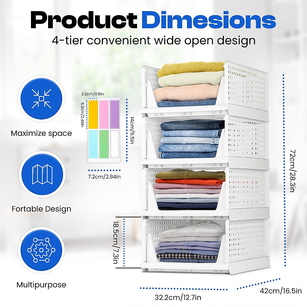 SIMPLEST LIVING Foldable Storage Bin Shelves Stackable Organizer 4 Pack(L) Clothes drawer organizer-collapsible crates-Stackable Storage Shelf for Office-RV-Dorm with 2 Label Sheets-White