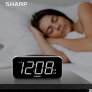 Sharp Alarm Clock Jumbo Easy to Read Display – 3 Step Dimmer Control – Dual Alarms, Battery Back-up, Black with White LED