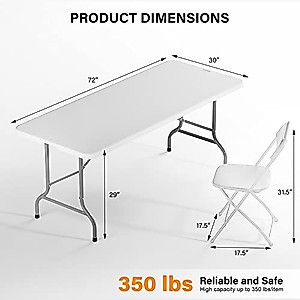 VINGLI 6 FT Plastic Folding Table Set with 6 White Folding Chairs for Picnic, Event, Training, Outdoor Activities, at Home and Commercial Use