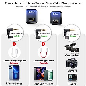 Portable Wireless Lavalier Microphone for iPhone, Camera, Android, Gopro 6/7/8/9/10,Gain Adjustment＆Mute,Wireless Lapel Clip On Mic System for Video Recording,YouTube,Vlog(164 ft Range)with Windshield