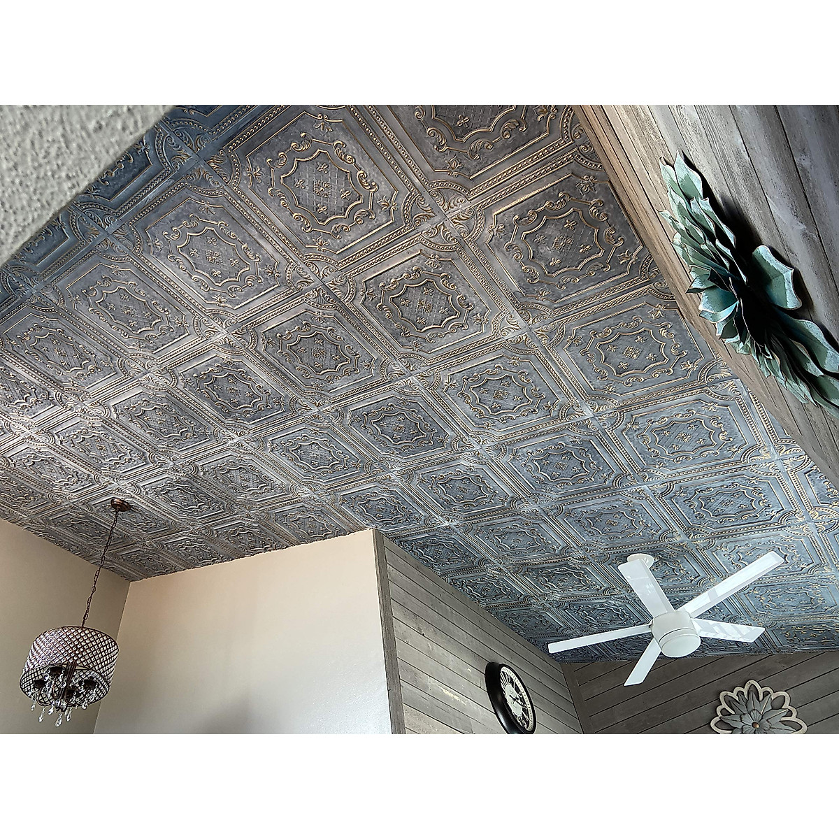 TD04 Smocked Gold Faux Tin Glue up, Drop in Ceiling Tile, Pack of 10 2'X2' Tiles. Covers 40 sq.ft. Easy to Install PVC Panels, Great for DIY Projects - Antique Vintage Look Ceiling, 3D Wall Paneling