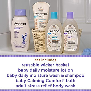 Aveeno Baby Mommy & Me Daily Bathtime Gift Set Including Baby Wash & Shampoo, Calming Baby Bath & Wash, Baby Moisturizing Lotion & Stress Relief Body Wash for Mom, Soap-Free, 4 Items