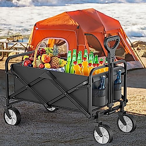 Collapsible Folding Utility Wagon,Beach Wagon Cart with All Terrain Wheels & Drink Holders,Portable Sports Wagon for Camping, Shopping, Garden and Beach, Grass, Sand,Fishing