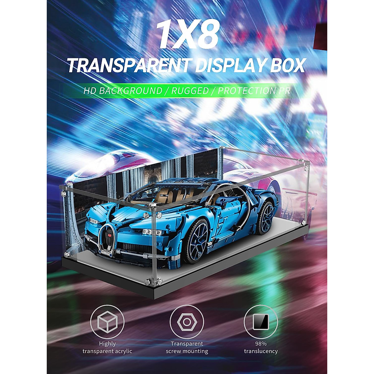 ICUANUTY Acrylic Display Case for Lego Technic Bugatti Chiron 42083 Race Car, Dust-Proof Display Box for Lego 42083, Size: 25.29x11.81x7.87in(NOT Included The Model)