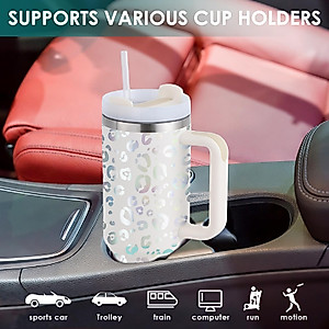 PIMDIR 40oz Leopard Tumbler with Handle Straw Lid, Stainless Steel Vacuum Insulated Reusable Travel Mug Keep Drinks Cold Ice Gym Cup, Gifts for Women Lovers, Car Holder Friendly, White