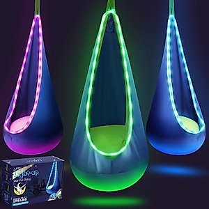 LFSMVT Light Up Kids Pod Swing Seat, Upgraded Kids Hanging Hammock Swing with LED Lights, Cotton Sensory Pod Swing Chair with Inflatable Pillow, Pod Swing for Kids Indoor & Outdoor (1 PCS) (Blue)