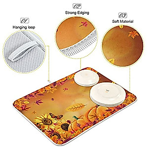 Sunflower Pumpkin Autumn Dish Drying Mat, Butterfly Maple Leaves Dry Mats for Kitchen Dishes Microfiber Dry Pad Ultra Absorbent 18x24Inch Reversible Drying Drainer Sink Mat