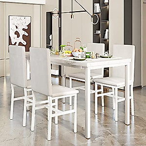 MIERE Dining Table Set for 4, 5-Piece Marble DiningTableSet with 4 Faux Leather Metal Frame Chairs for Kitchen, Bar, Living Room, Breakfast Nook, Small Space, 03 Pure White