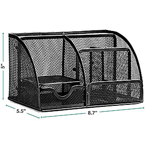 MONBLA Mesh Multi-Functional Stationery Storage Organizer Office Stationery Case Stationary Caddy Metal Desk Organizer Pencil Pen Holder 5 Compartments Black