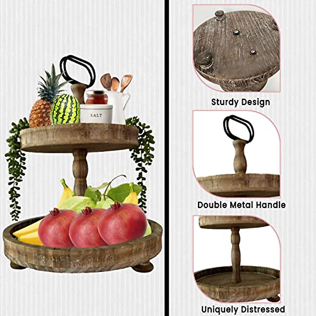 DECORIO Farmhouse Distressed Two Tier Brown Decorative Tray - Wood Tiered Tray Stand - Two Tier Tray Easter Tiered Tray Decor - Two Tiered Tray - 2 Tier Wooden Tray 2 Tier Serving Tray 17"x13"