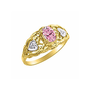 Rylos Rings for Women 14K Gold Plated Silver Ring Filigree Heart Birthstone Ring 6X4MM Gemstone & Diamonds October Pink Ice Jewelry for Women Size 5