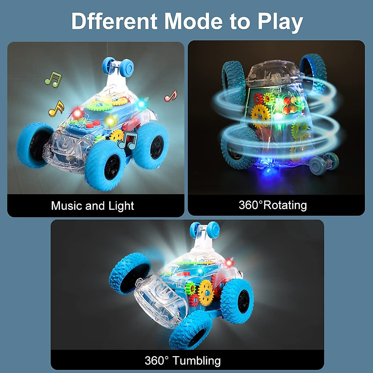 TAKIHON Car Toys for Boys,Monster Trucks with Music&Light,360° Rotating Stunt Cars,Transparent Mechanical Gear Flip Vehicles Toys,Gift for Kids,Toddlers