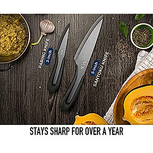 Vos Ceramic Knife Set with Covers 2 Pcs - 5" Santoku Knife, 3" Paring Knife and 2 Black Covers - Advanced Kitchen Knives for Cutting, Chopping, Slicing, Dicing with Ergonomic Unique Handles