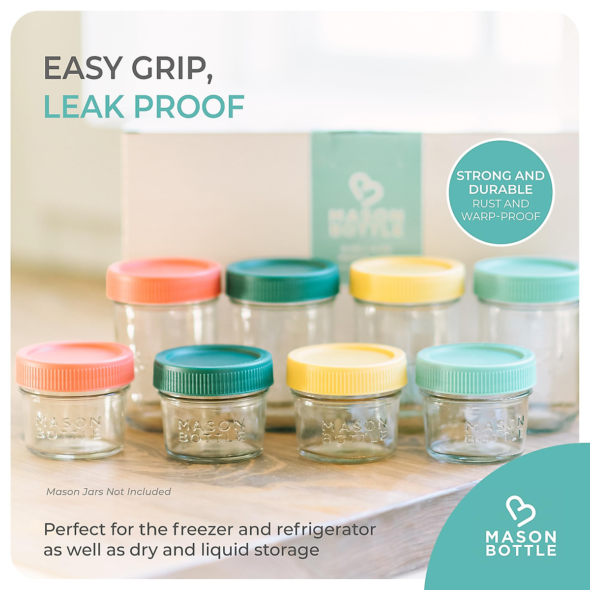 Mason Bottle Plastic Lids for Mason Jars (12-Pack) - Fits Any Regular Mouth Mason Bottle - Plastic Mason Jar Lids w/Silicone Inner Seal - Rust-Proof Replacement Jar Lids (Jars NOT Included)