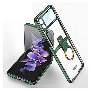 DOOTOO for Samsung Galaxy Z Flip 4 Case with Ring Luxury Transparent Plating PC Crystal Cover Anti-Scratch Glass Camera Lens Protector All-Inclusive Case for Galaxy Z Flip 4 5G 2022 (Green with Ring)