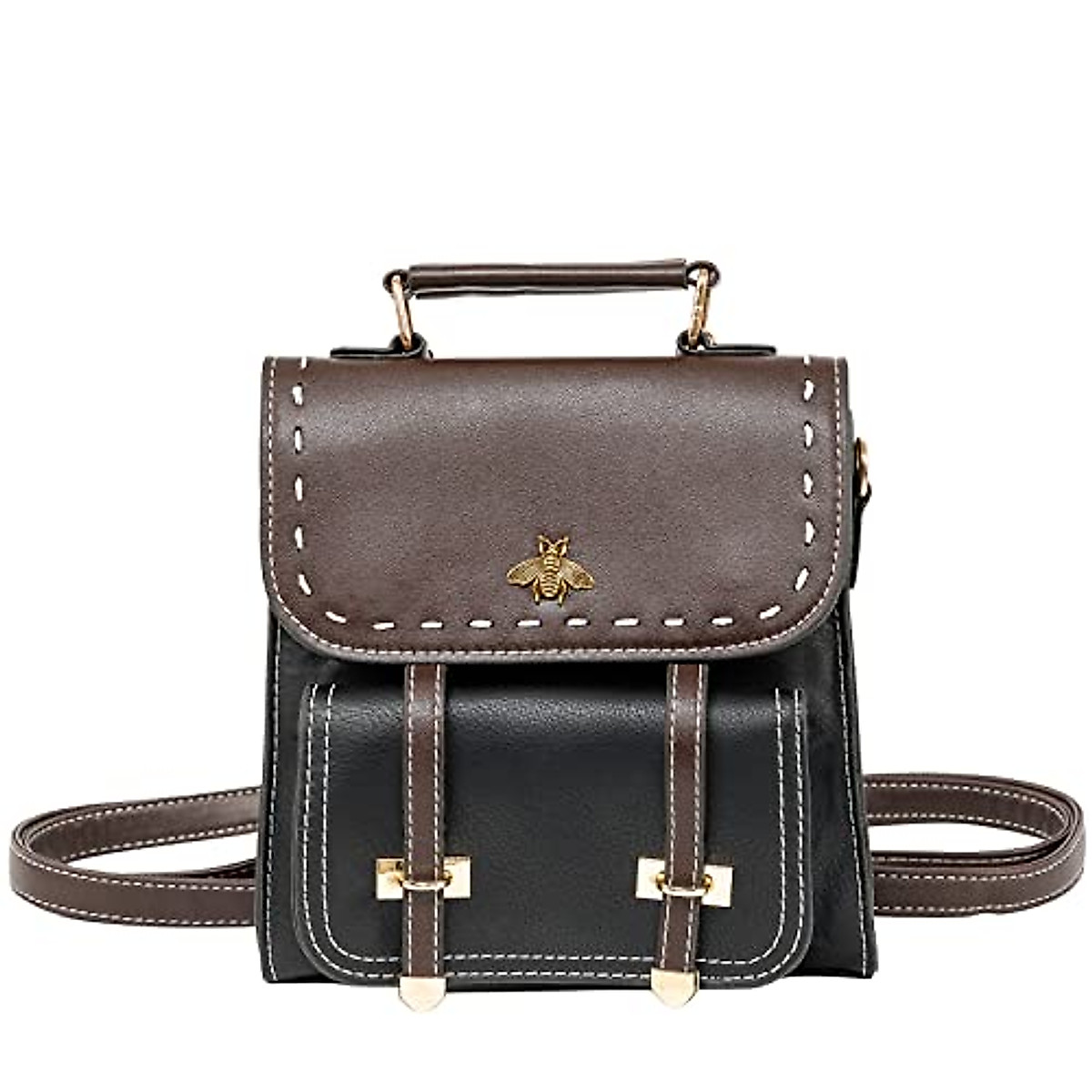 KOOIJNKO Women Small Fashion Backpack, Retro Mini Daypack Casual Satchel Purse Contrast Color Design, Black