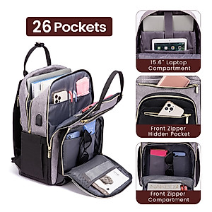 LOVEVOOK Backpack for Women,Laptop Backpack Women,Fits 15.6 Inch Laptop Bag,School Backpacks,Fashion Travel Work Anti-theft Bag,Waterproof Business Computer College Backpack Purse,Grey-Black-Balck