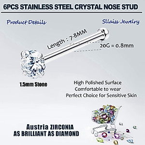 Sllaiss 6Pcs 20G Sets with Austria Zirconia Nose Ring Studs 316L Stainless Steel Hypoallergenic 1.5mm 2mm Nose Piercing Set Body Jewelry