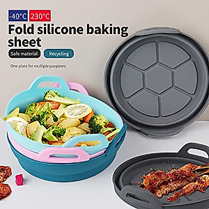 Qiaoer 3 Pack Air Fryer Silicone Liners,8.3 Inch Round Air Fryer Silicone Basket,Heat Resistant Easy Clean Air Fryer Oven Accessories,Foldable Reusable Silicone Bowl(Z03-Pink Green Grey)