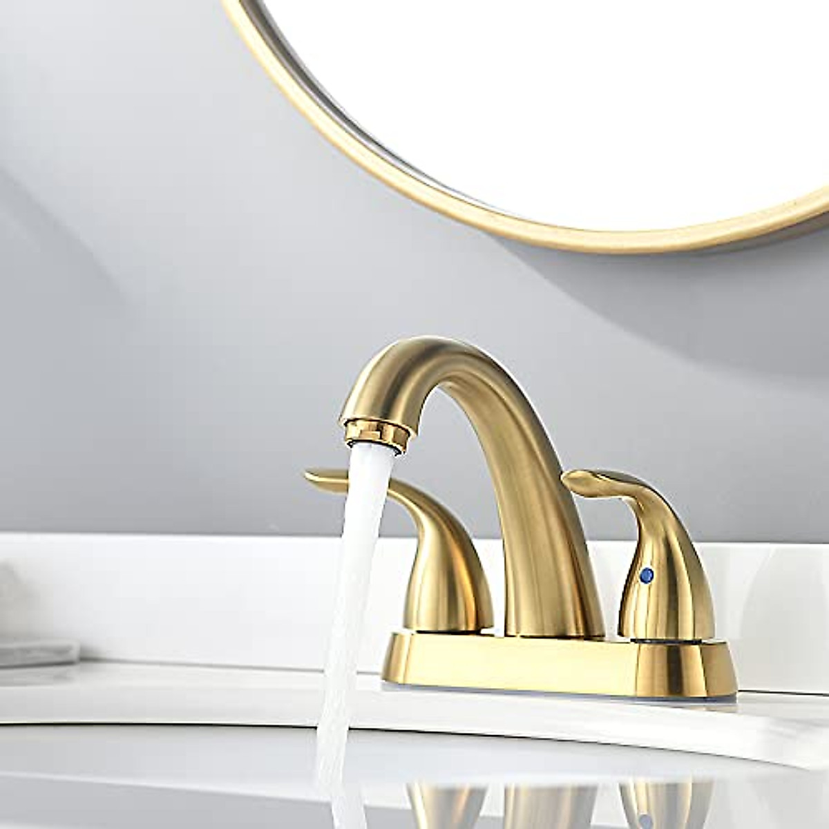 Phiestina Brushed Gold 4 Inch Centerset 2 or 3 Holes 2 Handle Bathroom Faucet, Bathroom Faucet with Copper Pop Up Drain and Water Supply Lines, BF008-5-BG