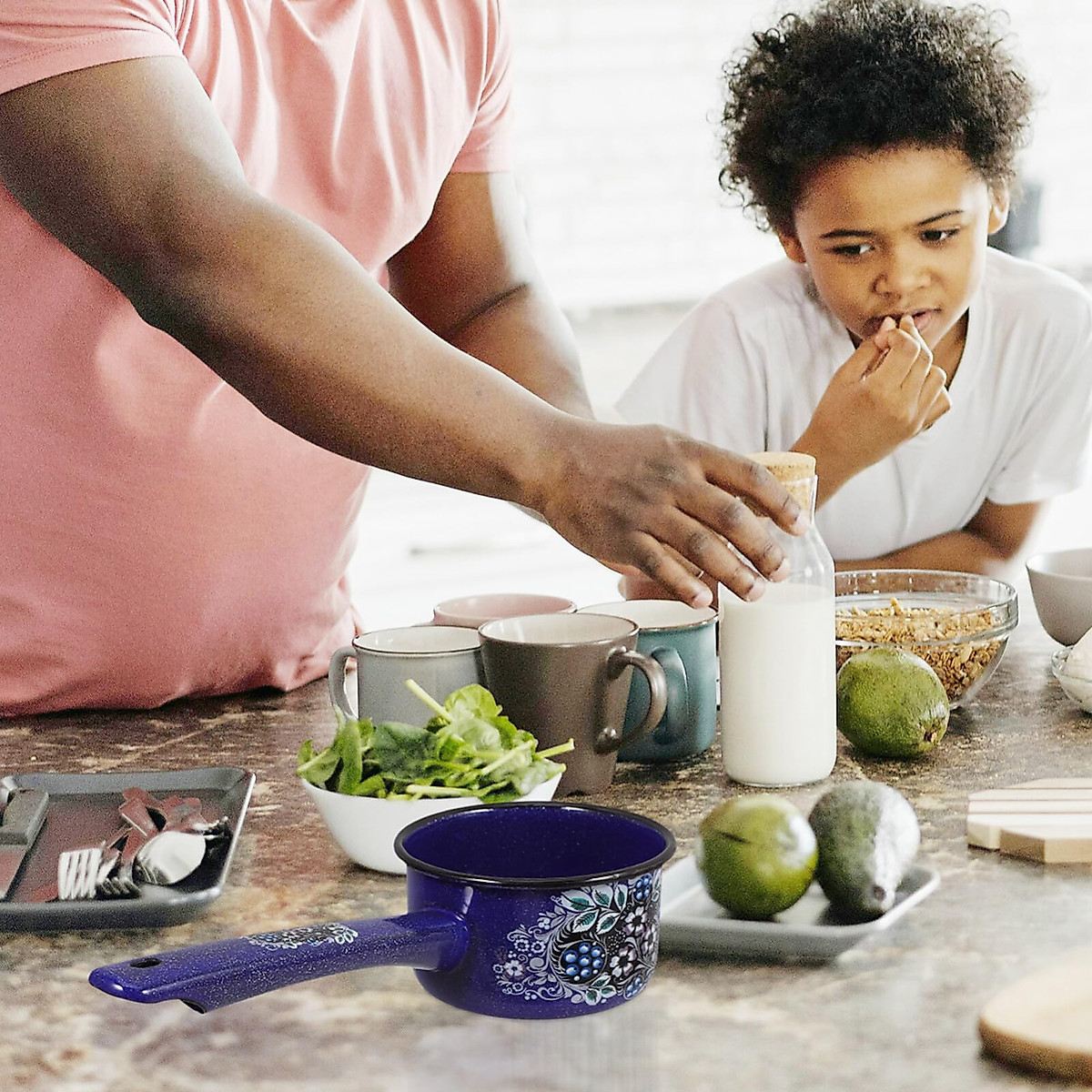 Cabilock Enamel Milk Pan, Mini Butter Warmer Pot Enameled Saucepan Small Enamelware Pot with Handle for Heating Milk Melting Butter Boiling Water Blue