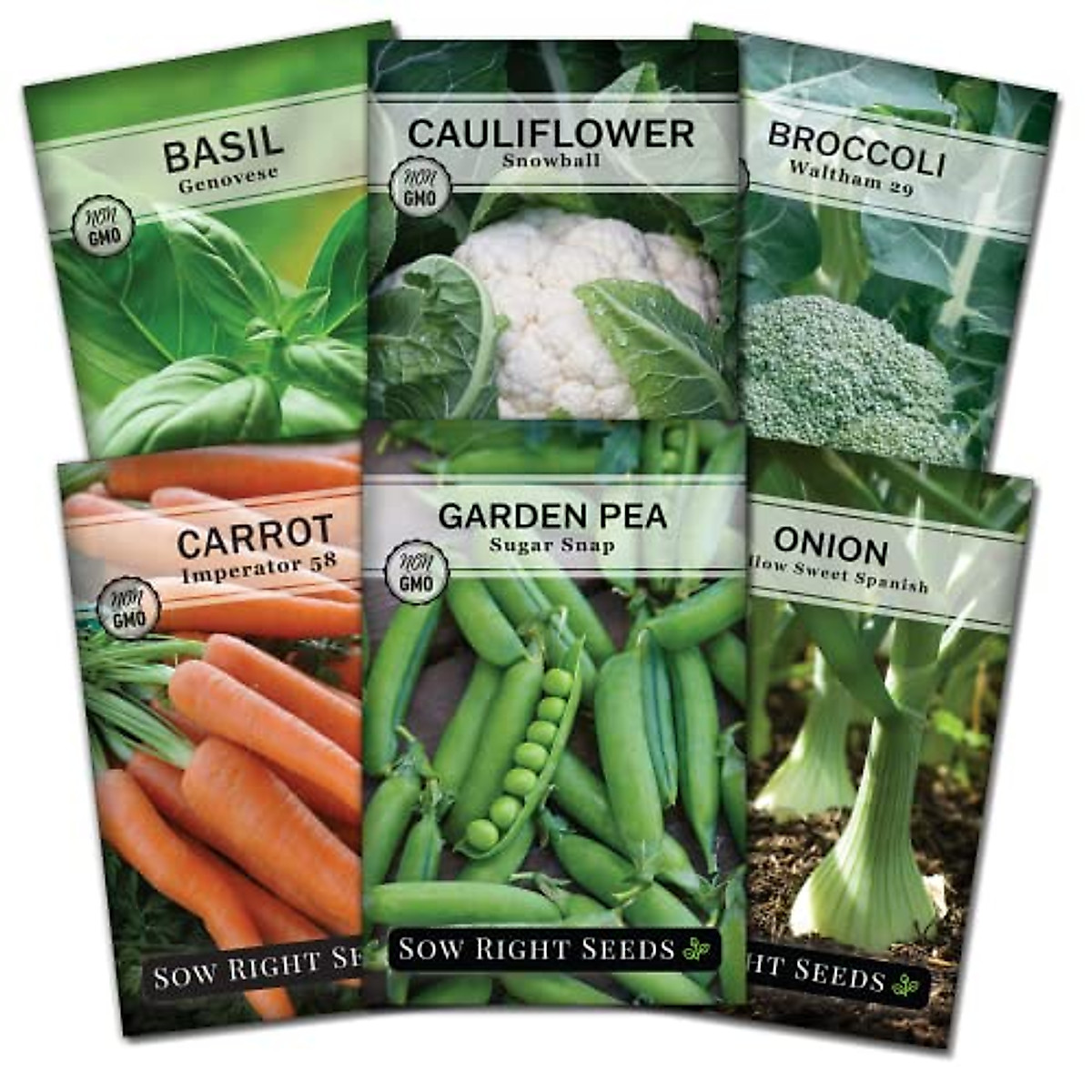 Sow Right Seeds - Spring Vegetable Seeds Collection for Planting - Individual Packets Basil, Broccoli, Carrot, Onion, Cauliflower, and Peas, Non-GMO Heirloom Seeds to Plant an Outdoor Home Garden
