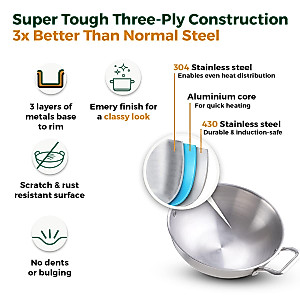 Triply Stainless Steel Kadai with Steel Lid | Everyday Pan, Stir Fry Pan with Triply Base, Saute Chef’s Pan with Glass Lid, Multipurpose Stewpot Skillet, Diameter: 24 cm, Capacity: 2.5 L (2.64 Quart)