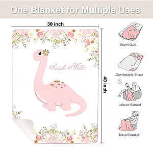 NZOOHY Pink Floral Girl Dinosaur Baby Blanket Personalized Girl Boy Soft Warm Newborn Throw Naps Swaddle Custom Blanket 30X40 in