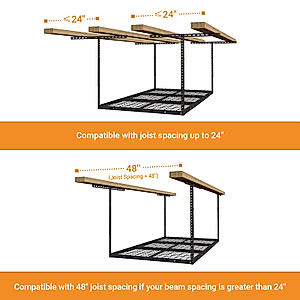 eShelf 4x6ft Overhead Garage Storage Rack, Heavy duty metal garage ceiling storage rack, 22''-40" Adjustable Ceiling Dropdown, 450lbs Loading Weight Capacity, Black