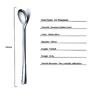 Long Handle Spoon, Coffee Stirrers, Premium Stainless Steel Coffee Spoons, Ice Tea Spoons, Ice Cream Spoon, Cocktail Stirring Spoons, Tea Spoons, Set of 6 (Silver)
