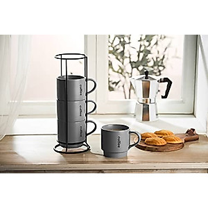 LAUCHUH Stackable Coffee Mug Set with Rack - 15 Ounce Porcelain Coffee Mugs for Coffee, Tea, Cocoa, Milk, Set of 4, Grey