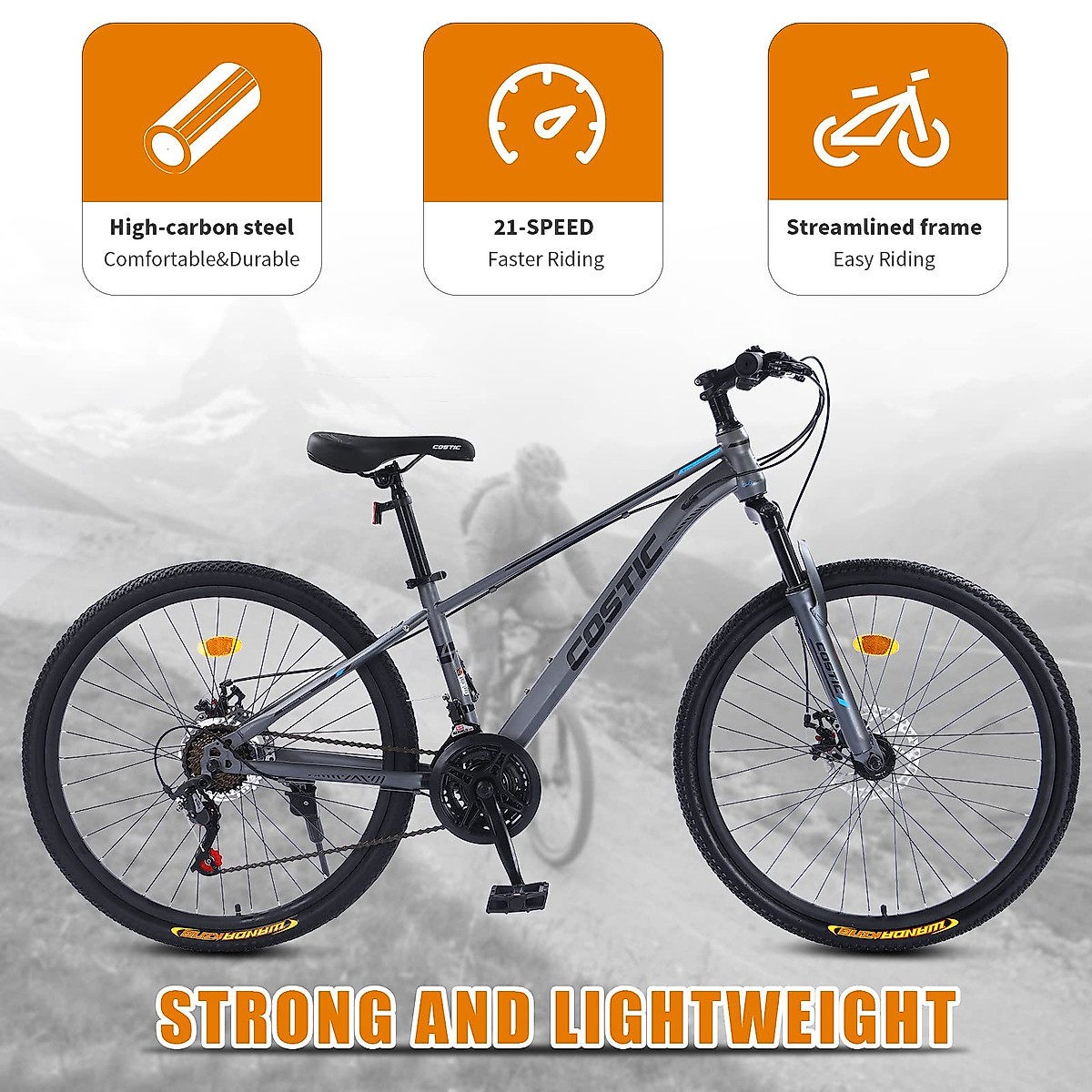 COSTIC 26 Inch Youth/Adult Mountain Bike,21 Speeds,Secure Frame 26 Inch Aluminum Wheels, Suspension Fork，with Dual Disc-Brake for Men Women MTB Adult Bicycle (Matte Grey)