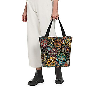 antcreptson Mexican Sugar Skulls Canvas Tote Bag Large Women Casual Shoulder Bag Handbag, Watercolor Sunflower Reusable Multipurpose Heavy Duty Shopping Grocery Cotton Bag for Outdoors.