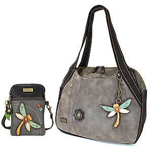 CHALA Handbag Bowling Handbag with Dragonfly Charm and Matching Dragonfly Cellphone Purse in Dark Grey…